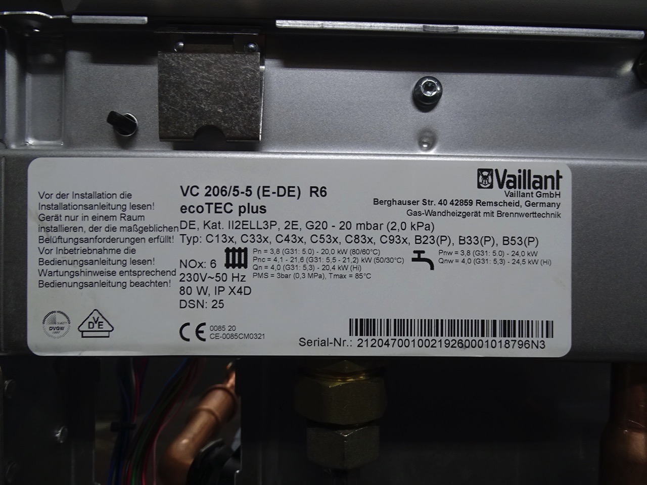 Vaillant ecoTEC plus VC 206/5-5 (E-DE) R6 Brennwert-Gas-Heiz-Therme 20kW Bj.2020 | intec-heizung.de